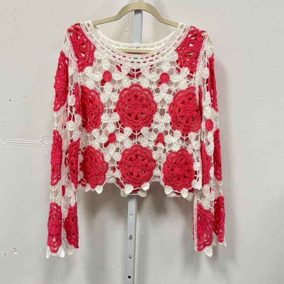 Blue Rain | Sweaters | Blue Rain Francescas Pink White Floral Crochet ...